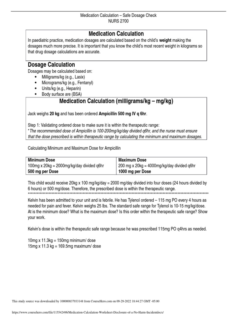 Medication Calculation Worksheet Disclosure of A No Harm Incident | PDF ...