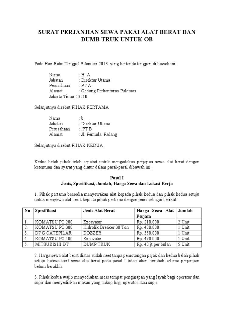 2-1-Download Contoh Surat Perjanjian Sewa Alat Berat Doc Word | PDF
