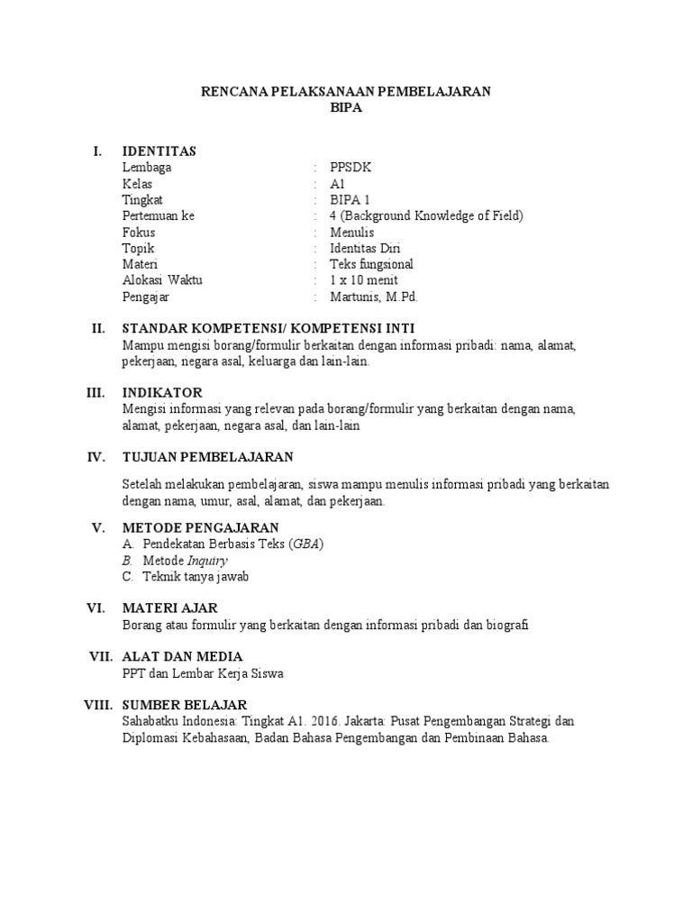 Rencana Pelaksanaan Pembelajaran BIPA | PDF