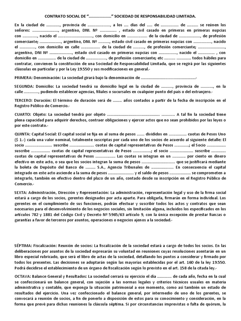 CONTRATO SOCIAL DE SRL Modelo 2 | PDF | Economias