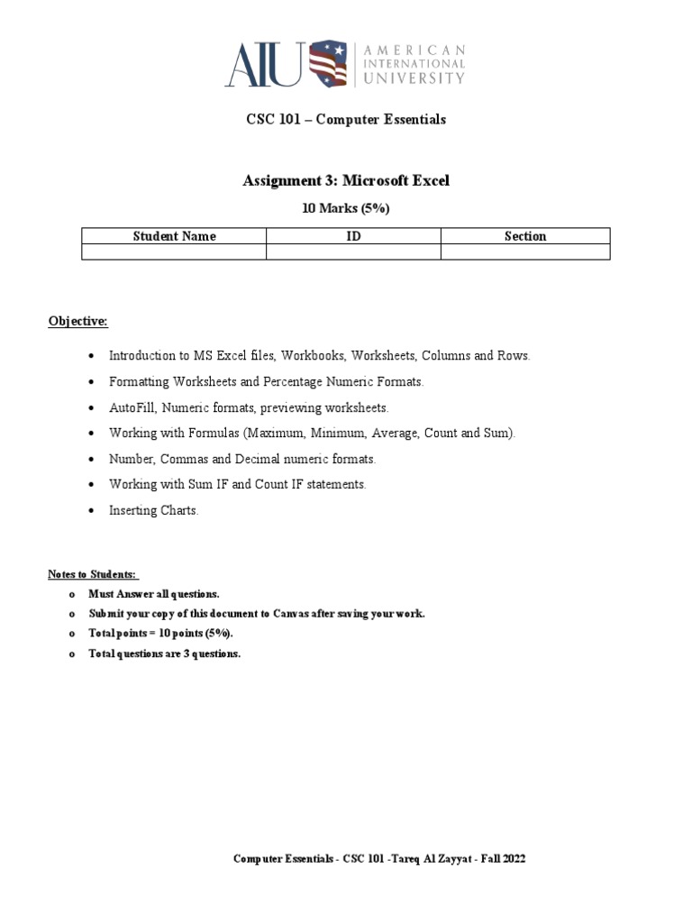 CSC 101 - Assignment 3 - Fall2022 | PDF | Worksheet | Microsoft Excel