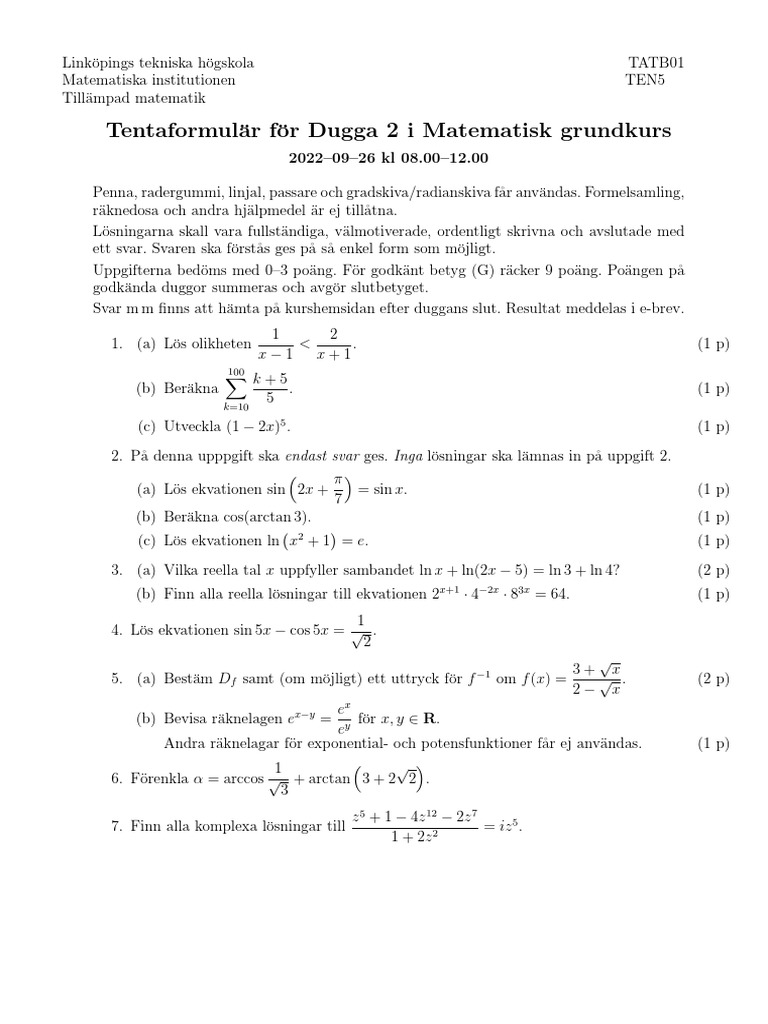 Tentaformul Ar F or Dugga 2 I Matematisk Grundkurs | PDF