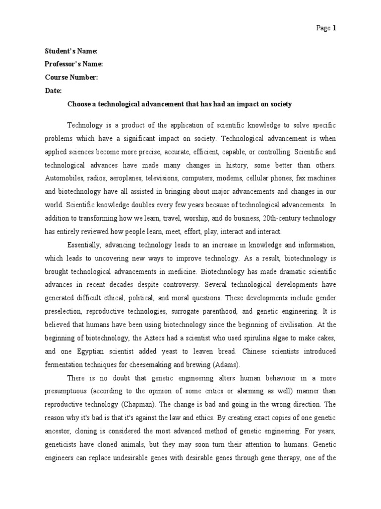 Technological Advancement Essay | PDF | Biotechnology | Science