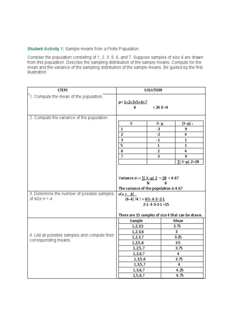 3.3.4 Mean and Variance of The Sampling Distribution of The Sample Means | PDF | Standard ...