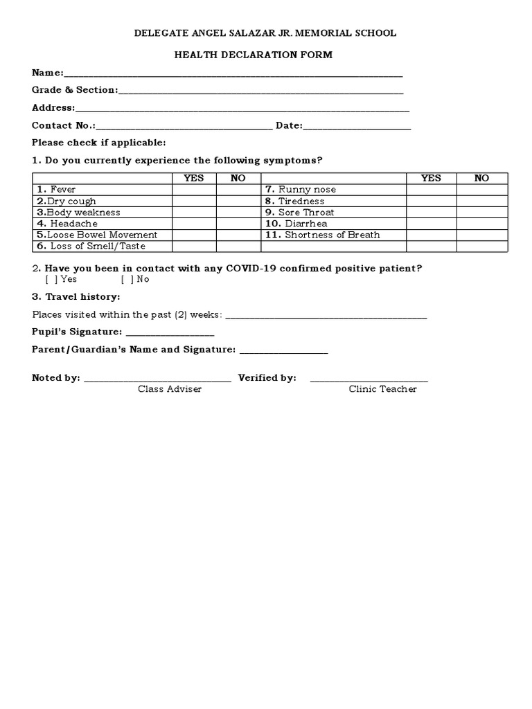 Pupils Health Declaration Form | PDF | Career & Growth