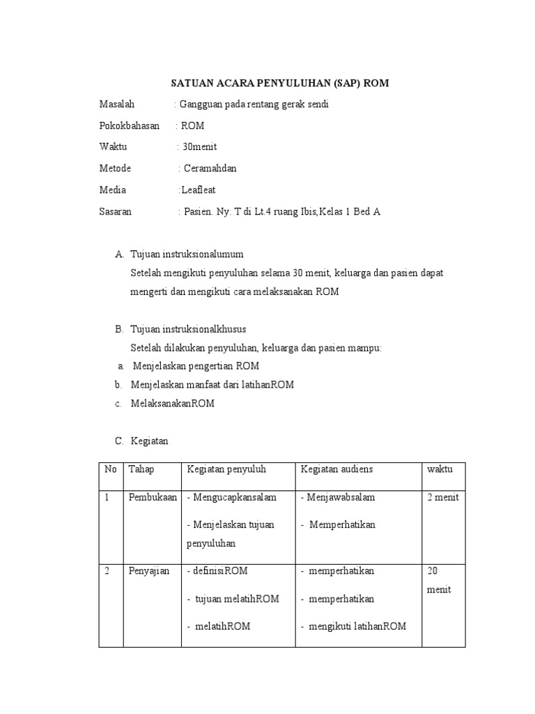 Satuan Acara Penyuluhan (Sap) Rom | PDF