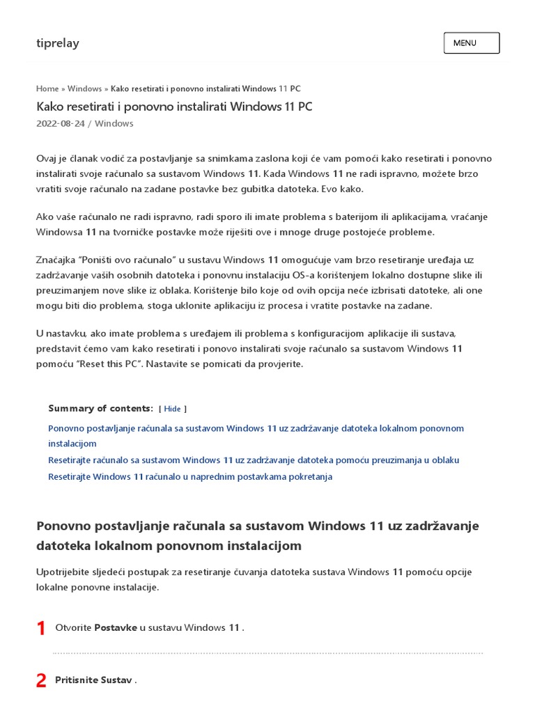 Kako Resetirati I Ponovno Instalirati Windows 11 PC Tiprelay | PDF