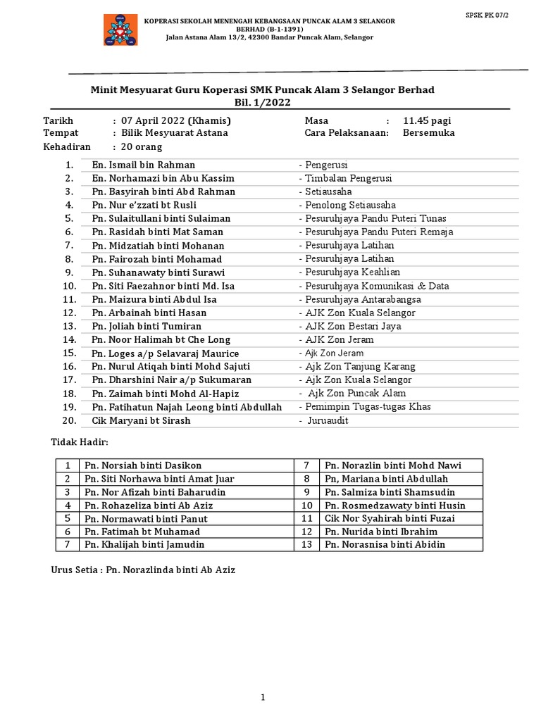 Minit Mesyuarat Alk Dan Guru Koperasi Bil 1.2022 | PDF