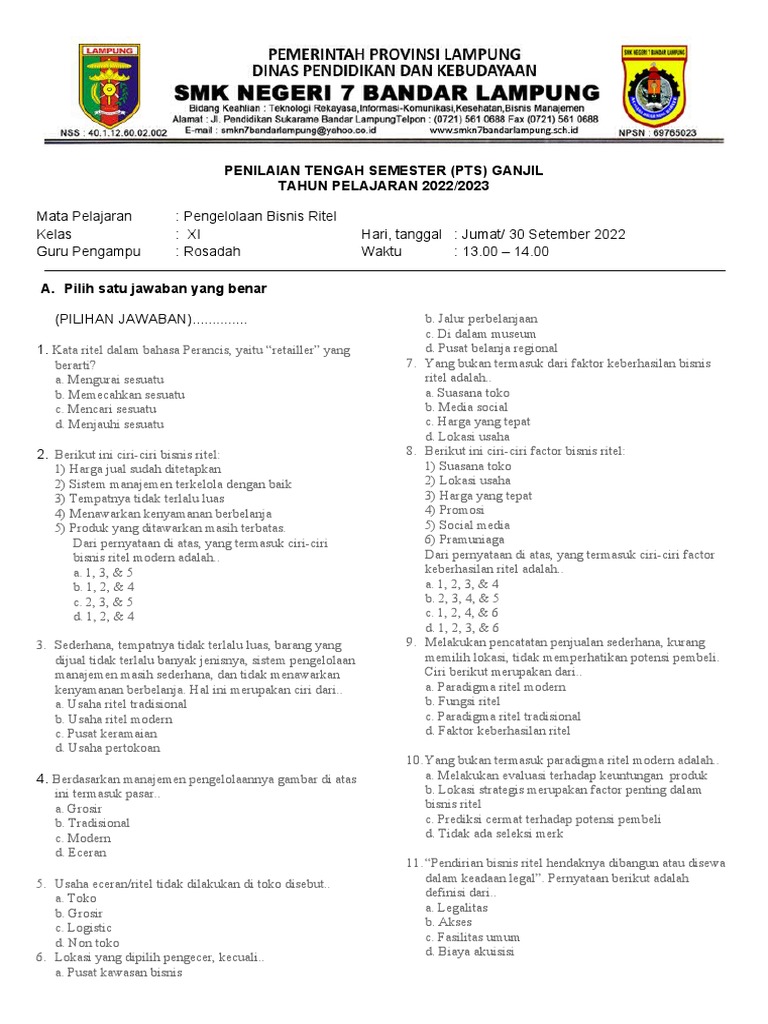 Format Soal PTS Ganjil 2022-2023 | PDF