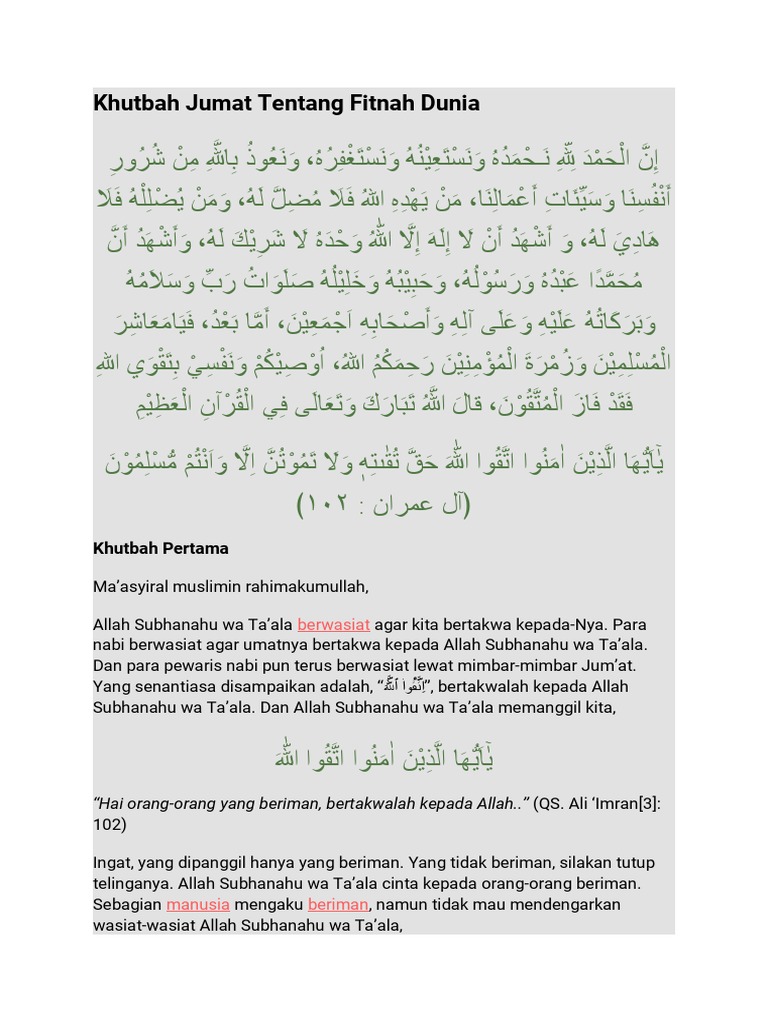 Khutbah Jumat Tentang Fitnah Dunia | PDF