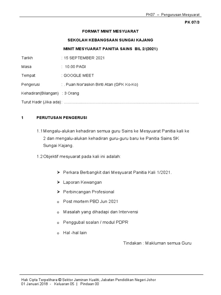 Minit Mesyuarat Panitia Sains Bil 2 2021 | PDF