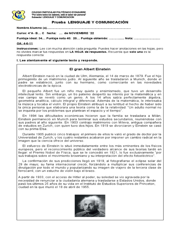 Prueba 4° Conten Noviembre, 22 | PDF | Albert Einstein