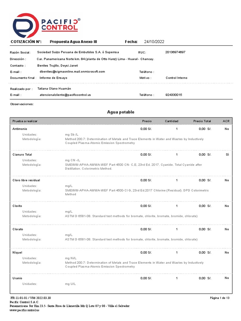 Propuesta de Servicio PACIFIC CONTROL - Agua Supemsa | PDF | Sustancias ...