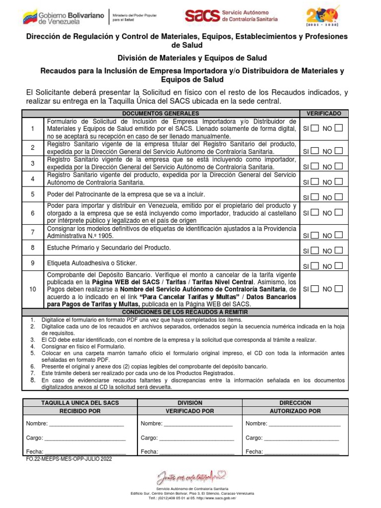 22 Recaudos Inclusion Emp Import o Distrib Mat y Equip de Salud | PDF