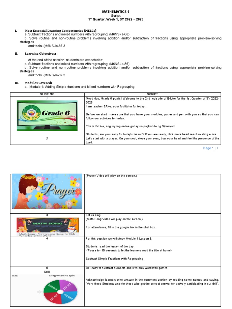 Script - Math6 - Q1 - Subtracts Simple Fractions With Regrouping | PDF ...
