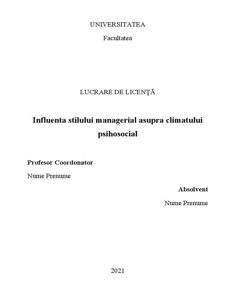 Influenta Stilului Managerial Asupra Climatului Psihosocial Finals ...