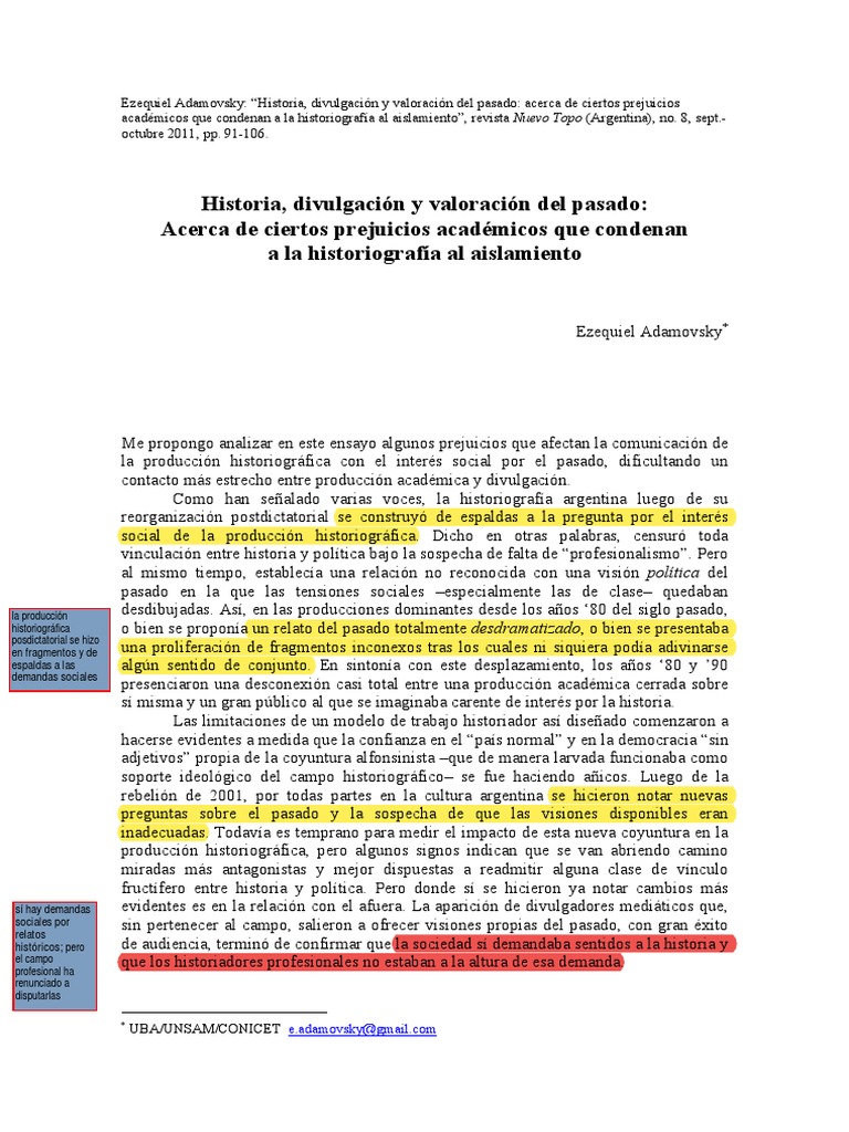 Adamovsky - Historia Divulgación y Valoración Del Pasado | PDF ...