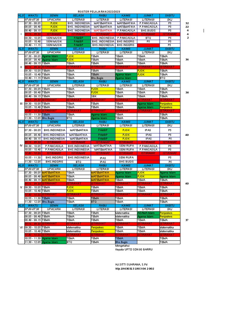 Contoh Roster Pelajaran 2022 2023 Pdf