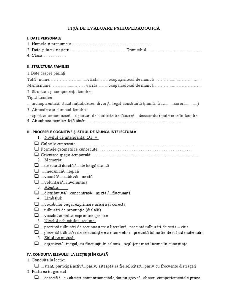 Fisa Evaluare Psihopedagogica | PDF