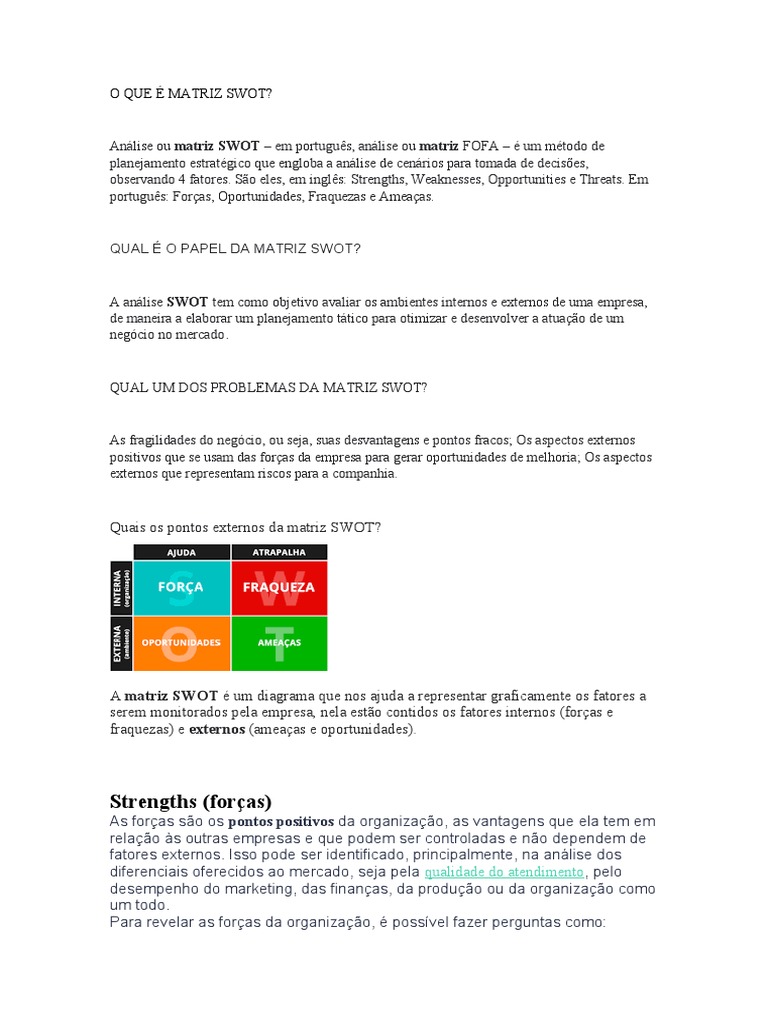 O que é a matriz SWOT e como ela pode ser usada para planejamento estratégico | PDF | Análise ...