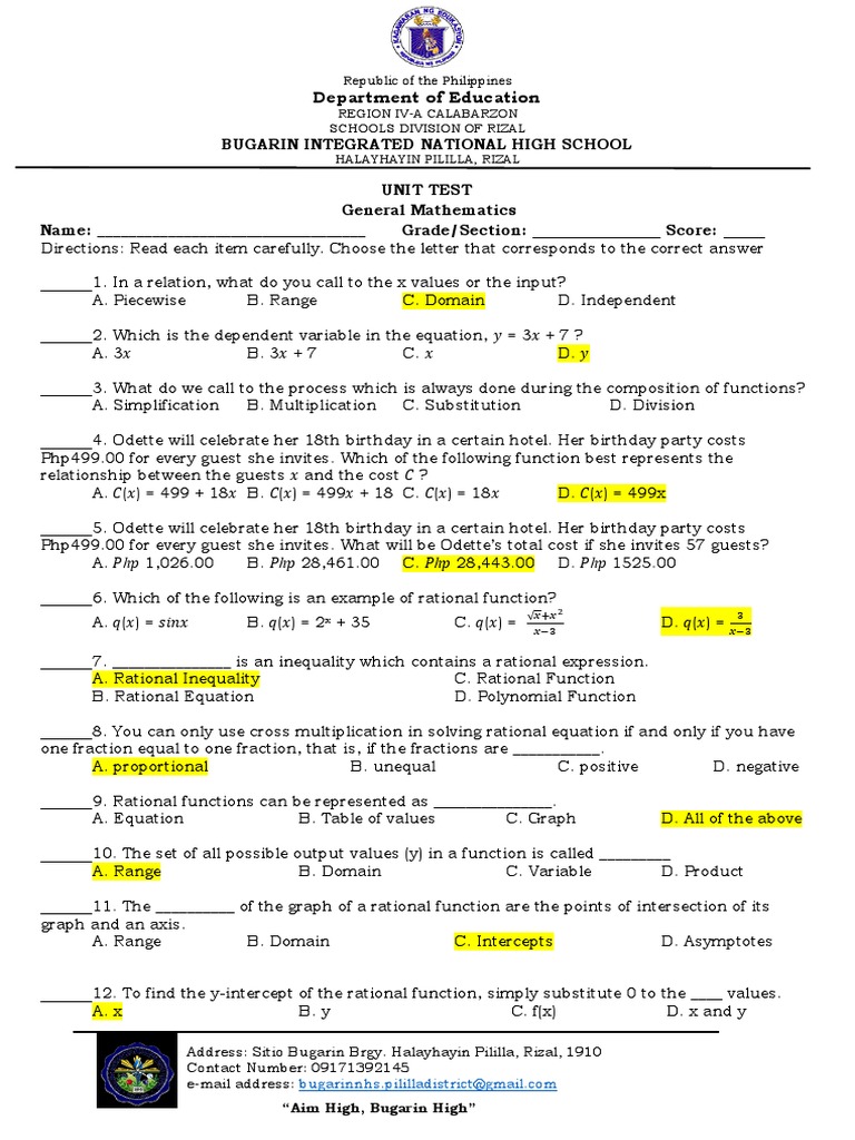 UNIT TEST G11 Quarter 1 | PDF | Function (Mathematics) | Logarithm