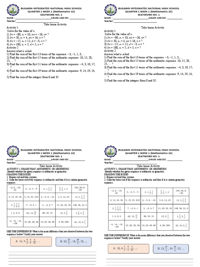 Seatwork No. 2 Grade 10 | PDF | Arithmetic | Sequence