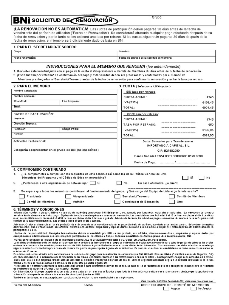 Formulario Renovación BNI - 2021 | PDF