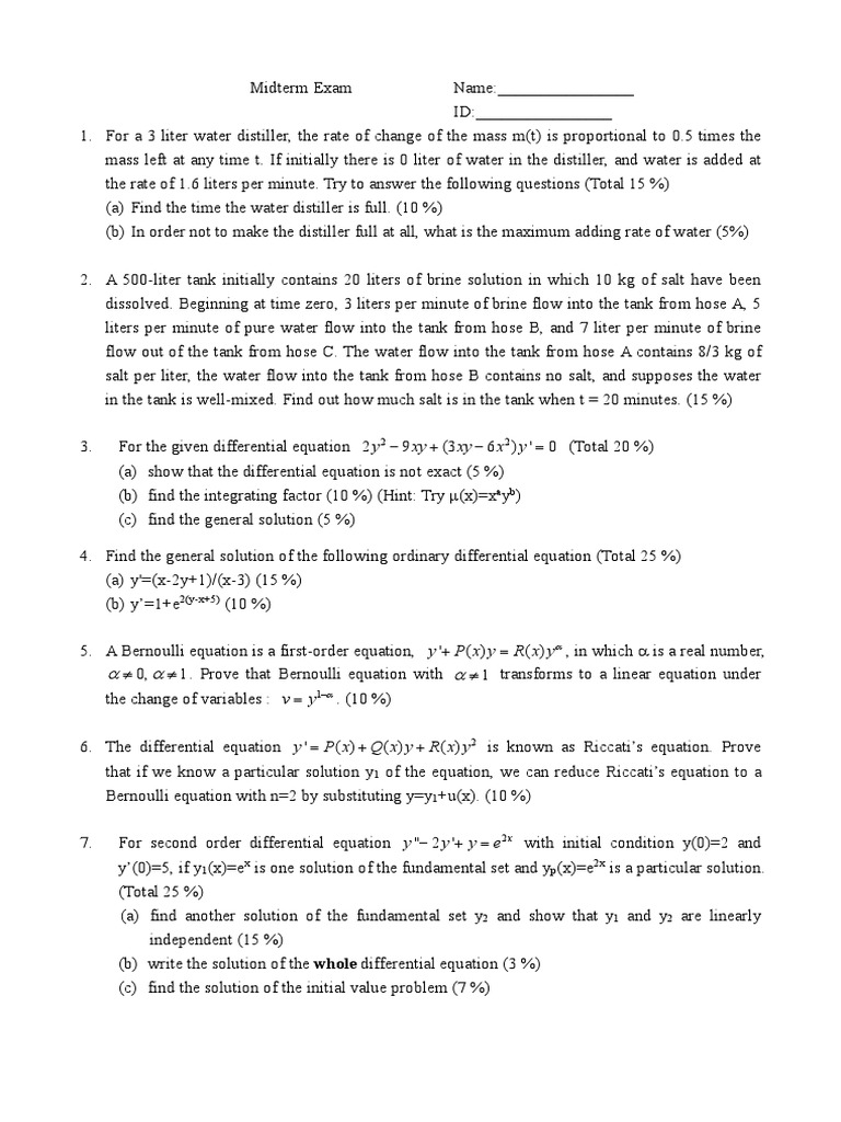 Midterm Exam on Differential Equations | PDF | Ordinary Differential ...
