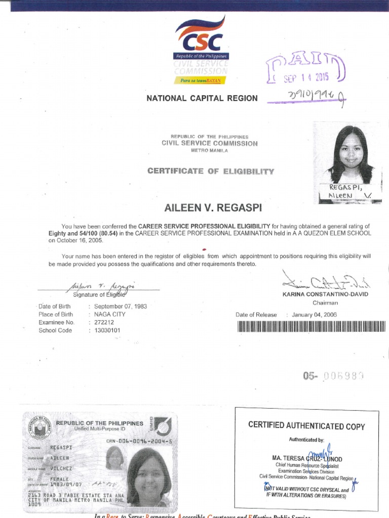 A Regaspi CSC Eligibility Cert | PDF