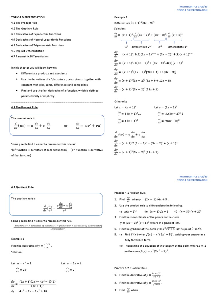 Product and Quotient Rule in Differentiation | PDF | Derivative ...