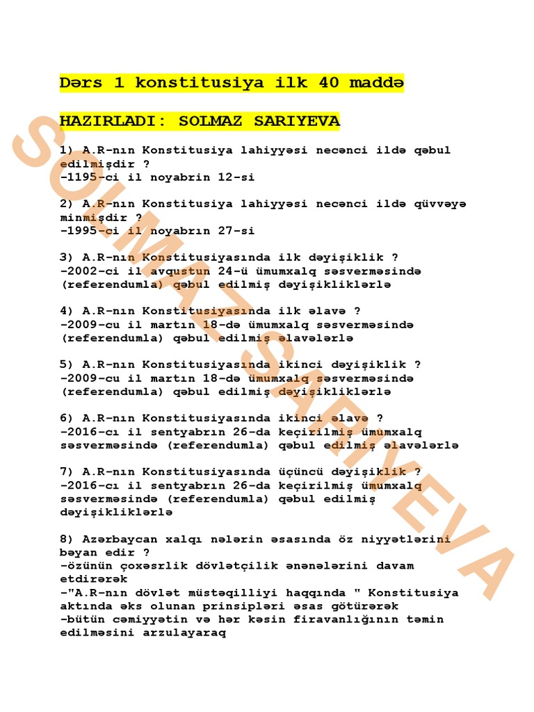 Konstitusiya Ilk 40 Maddə (Sual-Cavab) | PDF