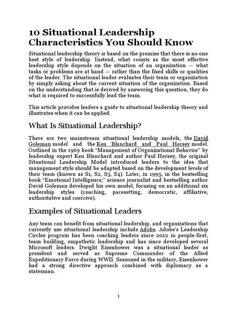 Key Characteristics of Situational Leadership | PDF | Leadership ...