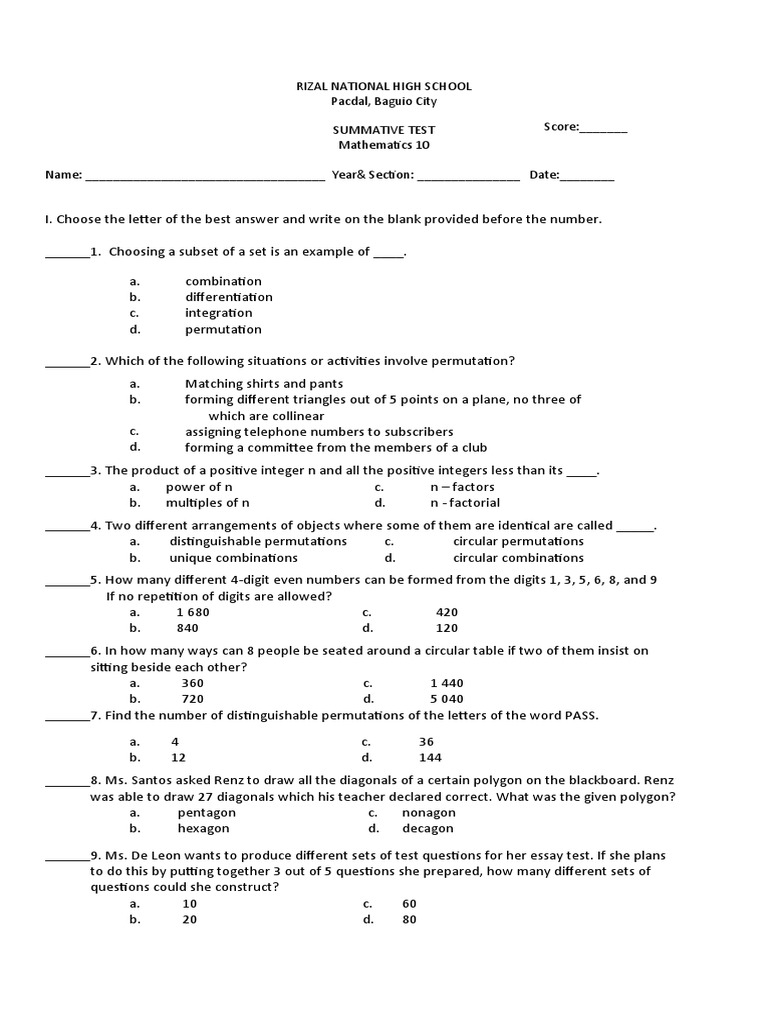 Mathematics Summative Test for Grade 10 Students Focuses on ...