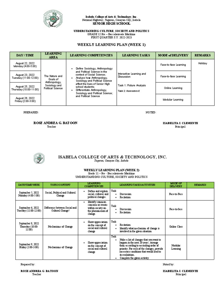 UCSP Weekly Learning Plan | PDF | Learning | Sociology
