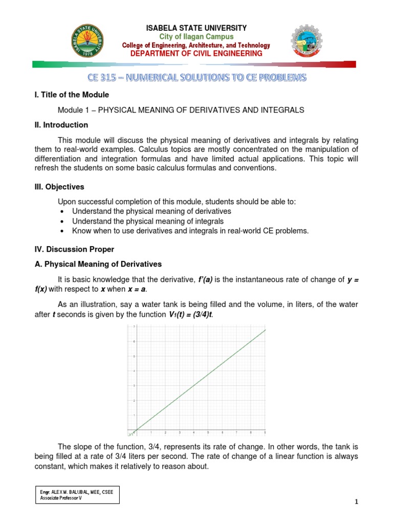 1st Module - Numerical Solutions To CE Problems - Physical Meaning of Derivatives and Integrals ...