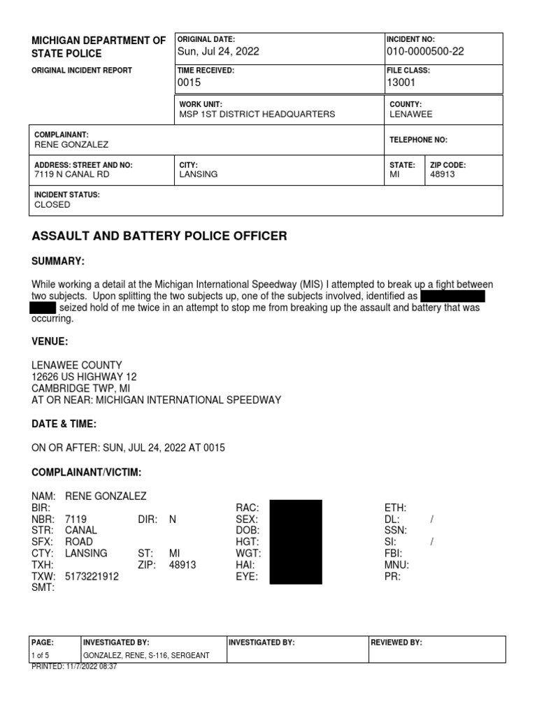Assault and Battery Police Officer: Sun, Jul 24, 2022 010-0000500-22 ...