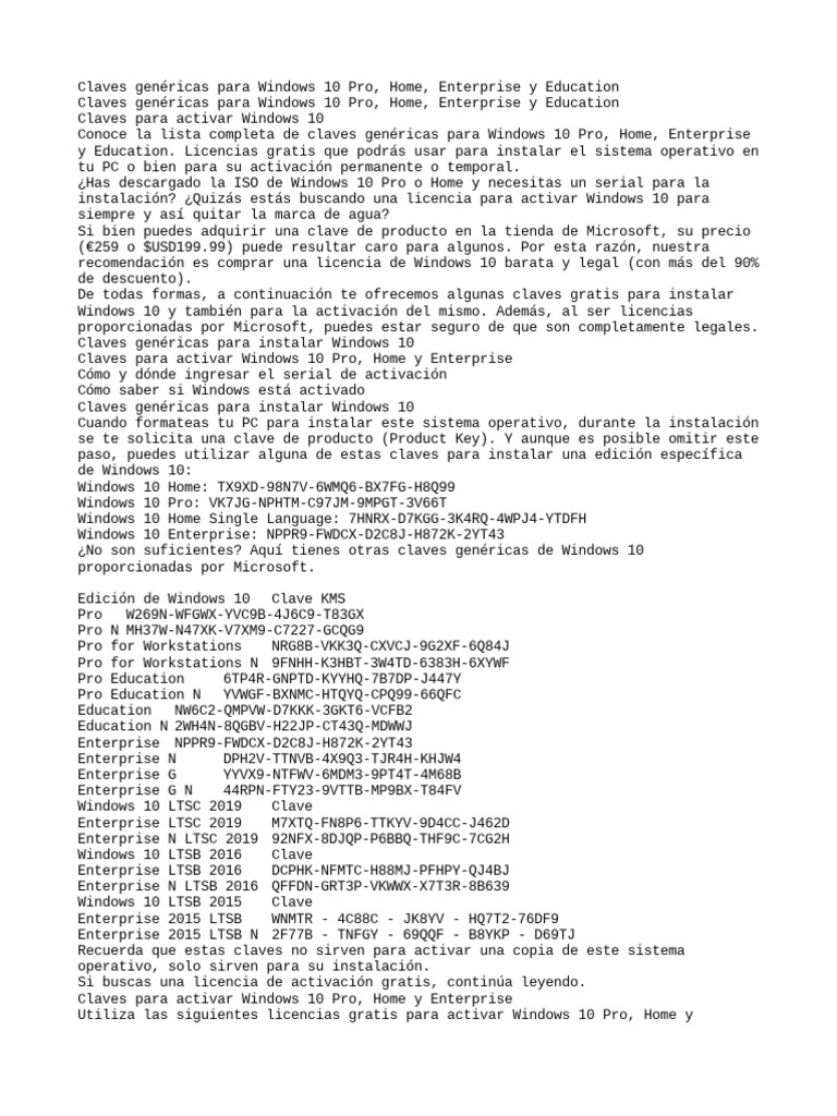 Usar Estás Claves Genérica Instalacion Y. Activación Windows 10 | PDF | Windows 10 | Microsoft ...