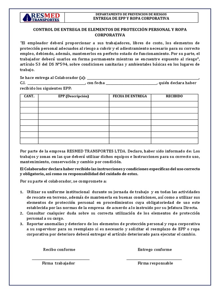 Registro Entrega de Epp | PDF