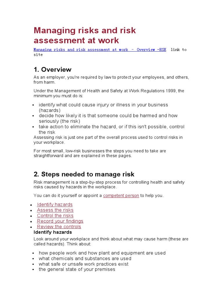 Managing Risks and Risk Assessment at Work - Useful Guide | PDF | Risk ...