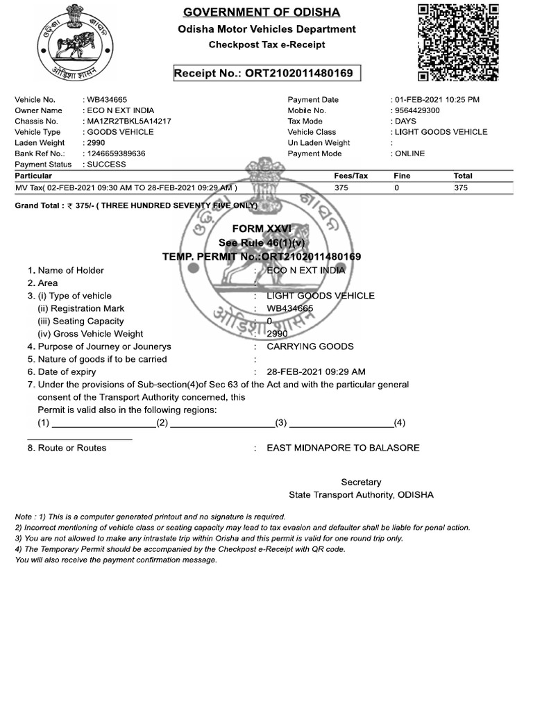 Odisha Permit 2-2-21 To 28-2-21 | PDF