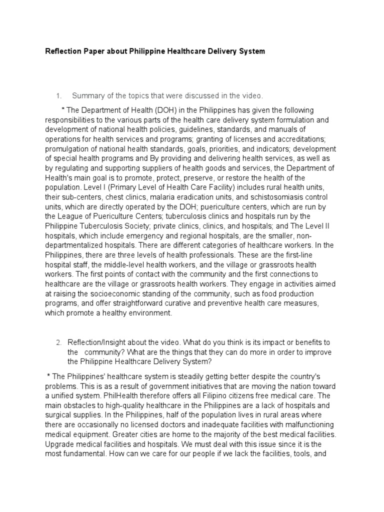 Reflection Paper About Philippine Healthcare Delivery System | PDF ...