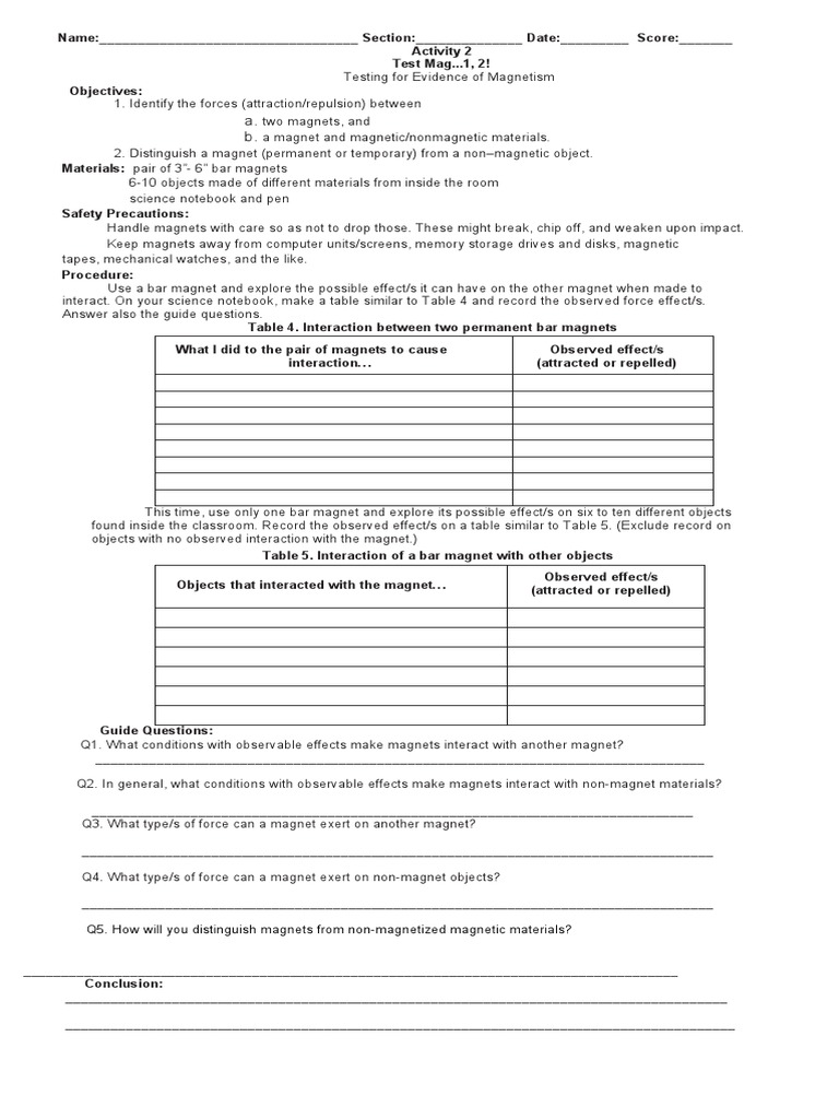 Testing for Evidence of Magnetism: Documenting the Forces of Attraction ...
