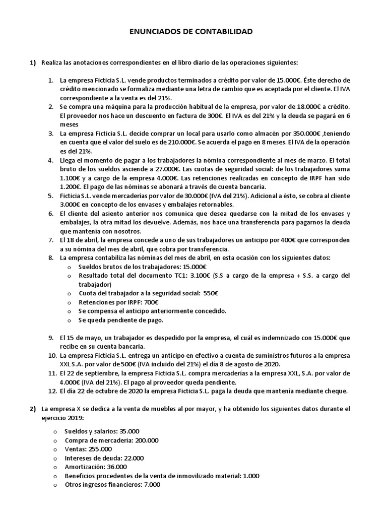 EJERCICIOS CONTABILIDAD Enunciados | PDF | Salario | Contabilidad