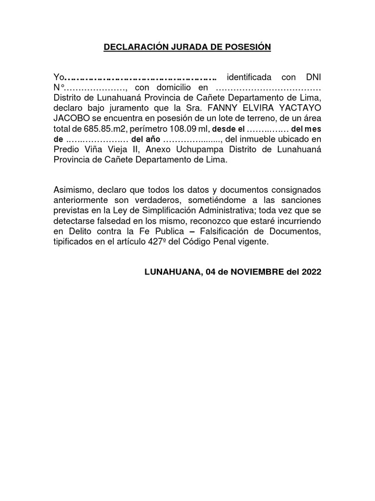 Modelo De Declaracion Jurada De Posesion