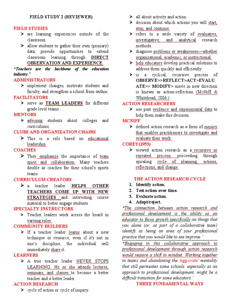 Field Study 2 Reviewer | PDF | Teachers | Learning