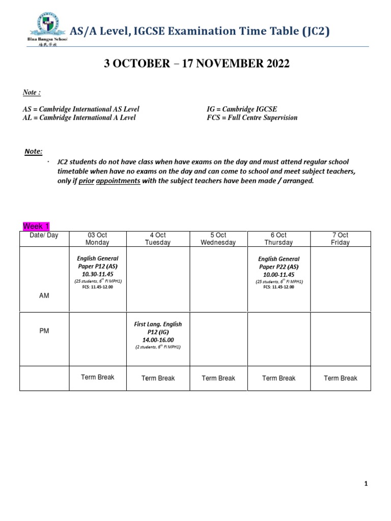 November 2022 - As-A Level, Igcse - Exams - Timetable (JC2) | PDF ...