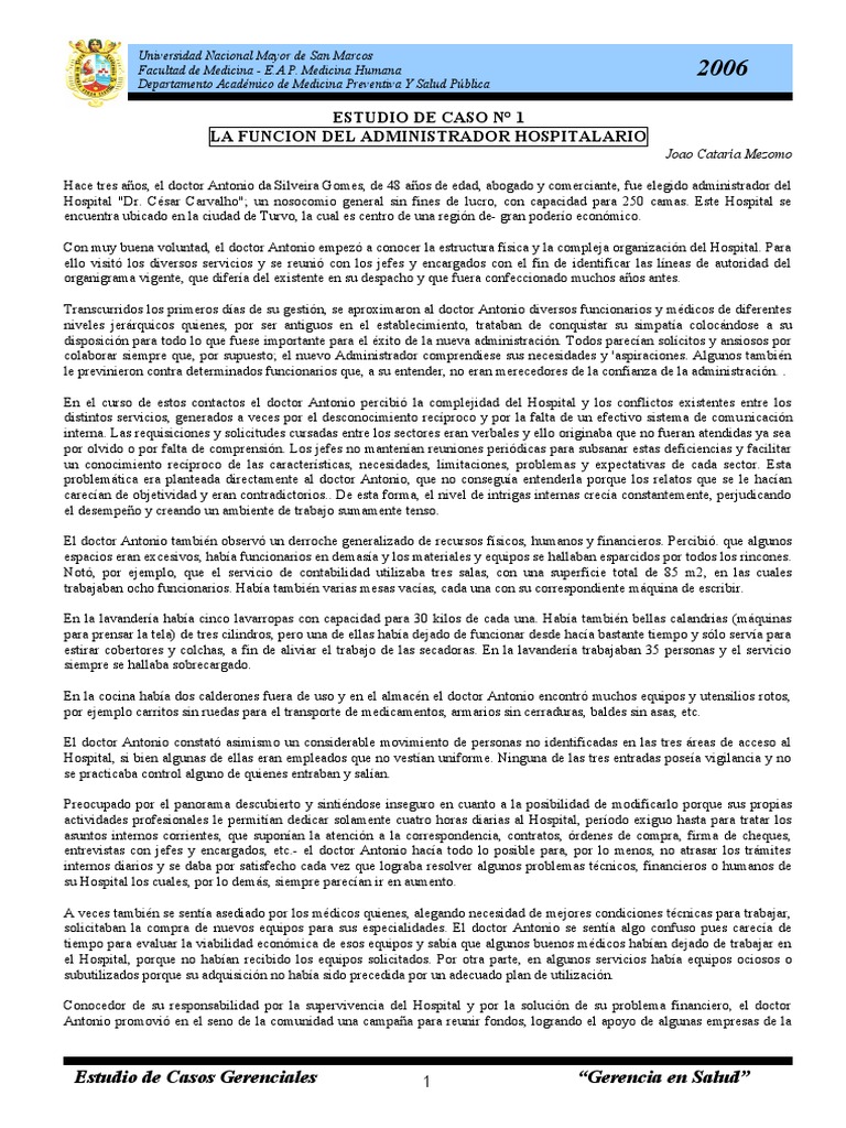 ESTUDIO DE CASO N 01 La Funci N Del Administrador Hospitalario | PDF | Hospital | Medicina
