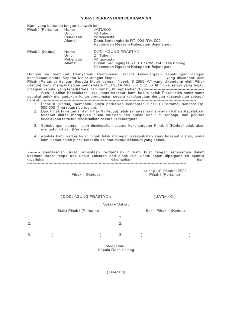 Surat Pernyataan Perdamaian | PDF