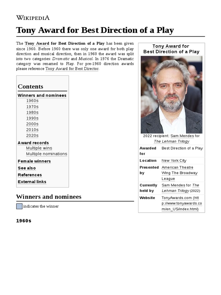 Tony Award For Best Direction of A Play | PDF | Wikipedia | Tony Awards