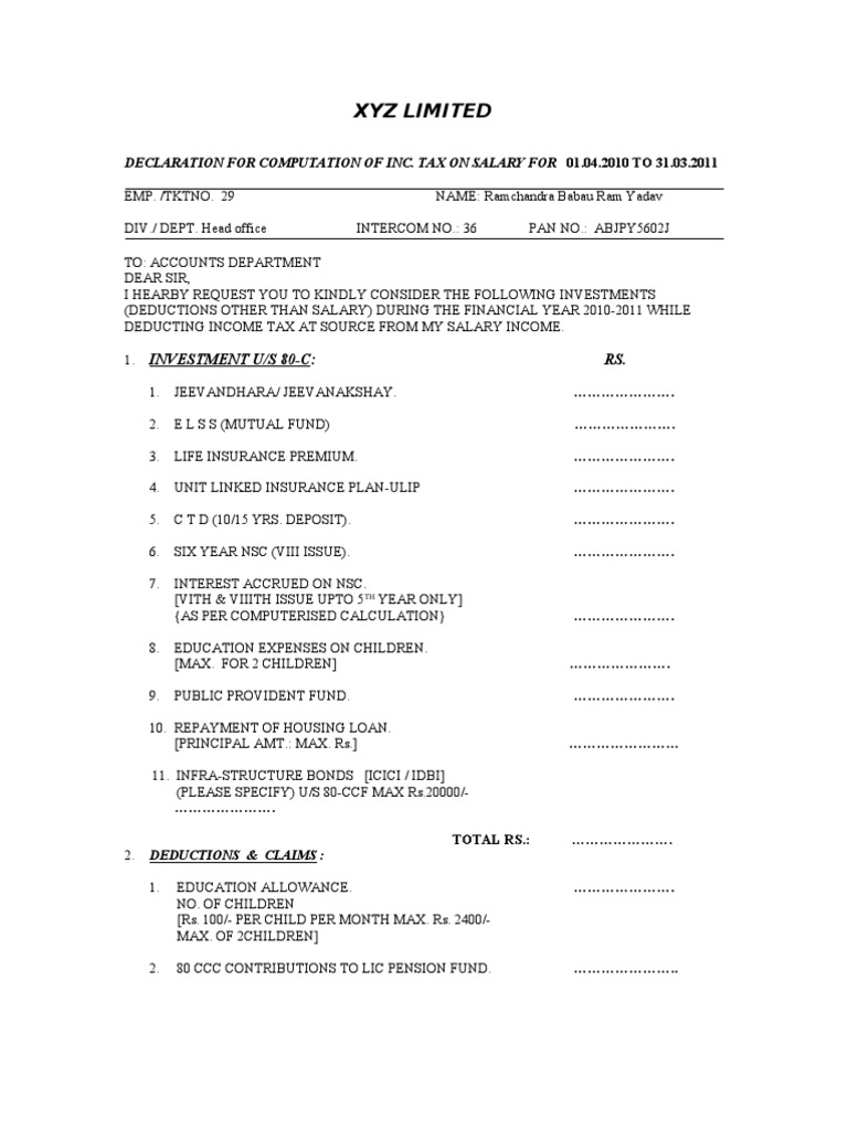Income Tax Declaration Format 2010-11 | PDF